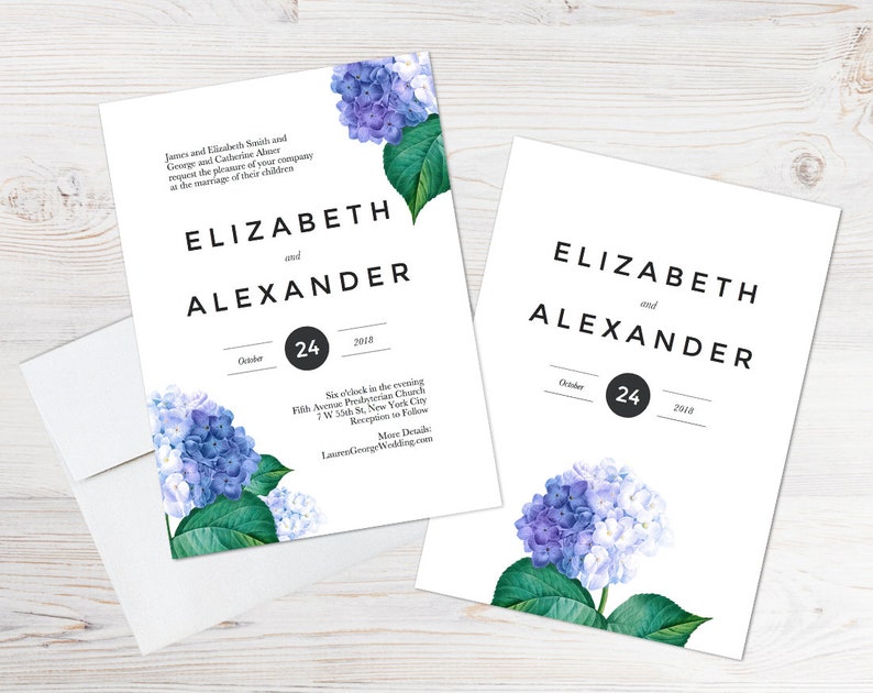 Blue and Purple Hydrangeas Wedding Invitation Suite, DIY Editable ...