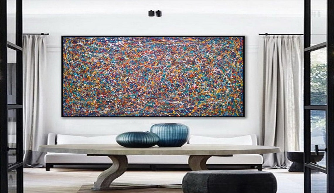 Jackson Pollock Style Horizontal Colorful Painting, Large Abstract ...