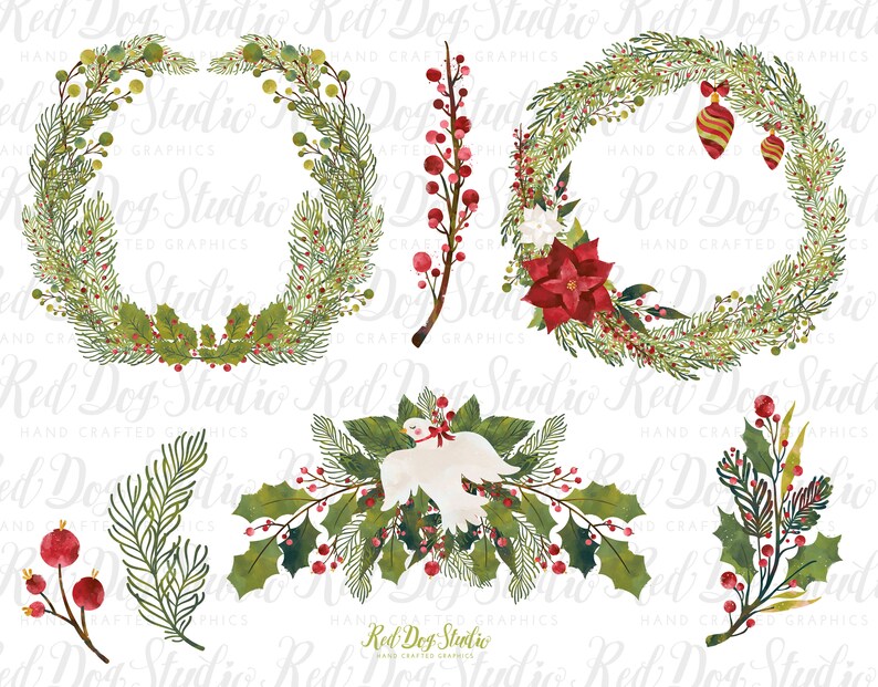 Christmas Greenery Watercolor Clipart Christmas Wreath Clip - Etsy