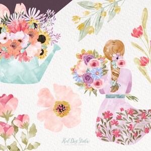 Watercolor Spring Clipart Girls, Pretty Spring Watercolor Flowers, Face ...