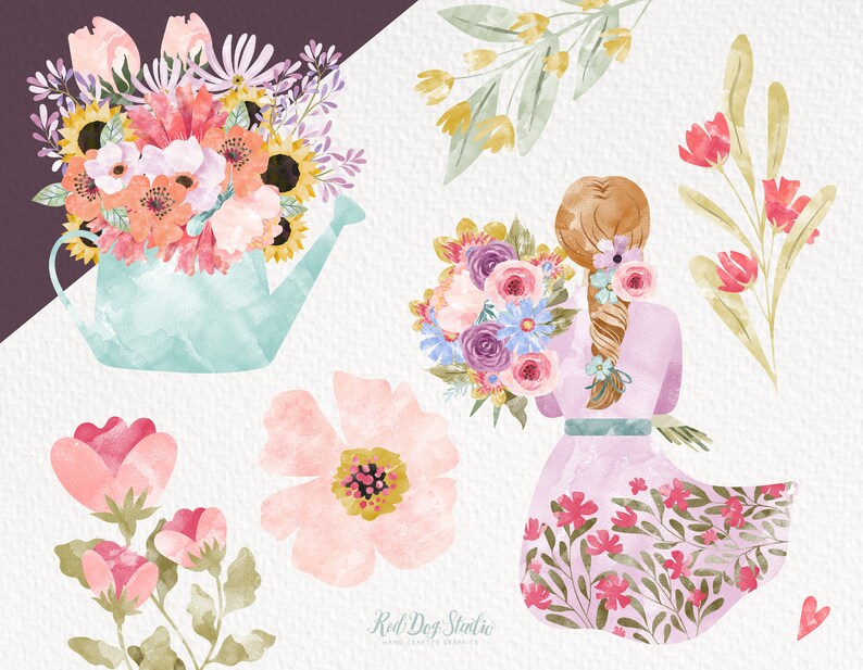 Watercolor Spring Clipart Girls Pretty Spring Watercolor | Etsy