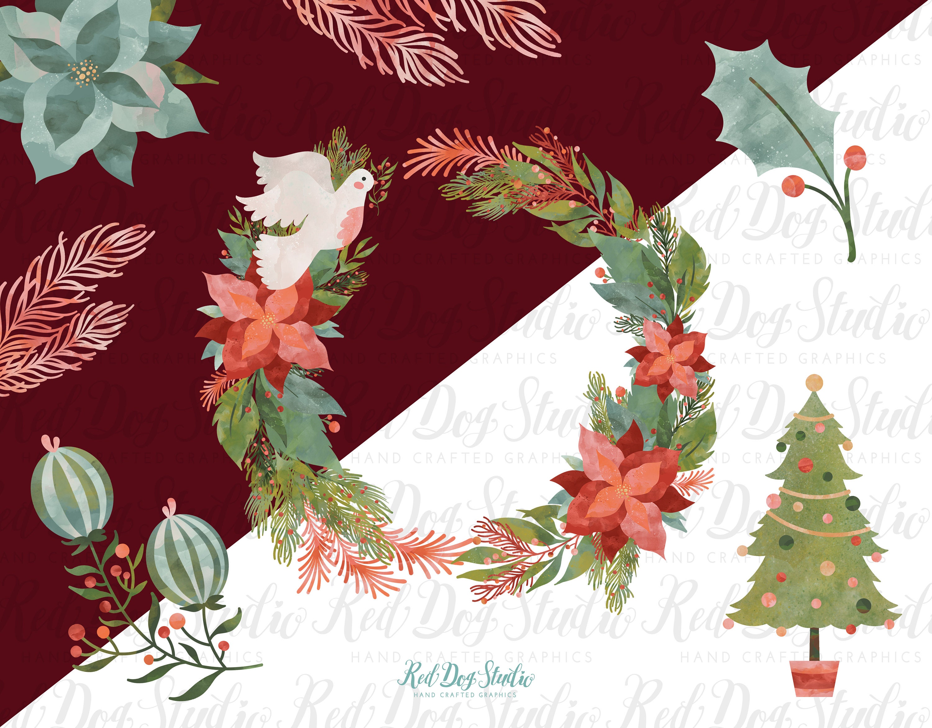 Watercolor Poinsettia Christmas Greenery Clipart Watercolor - Etsy