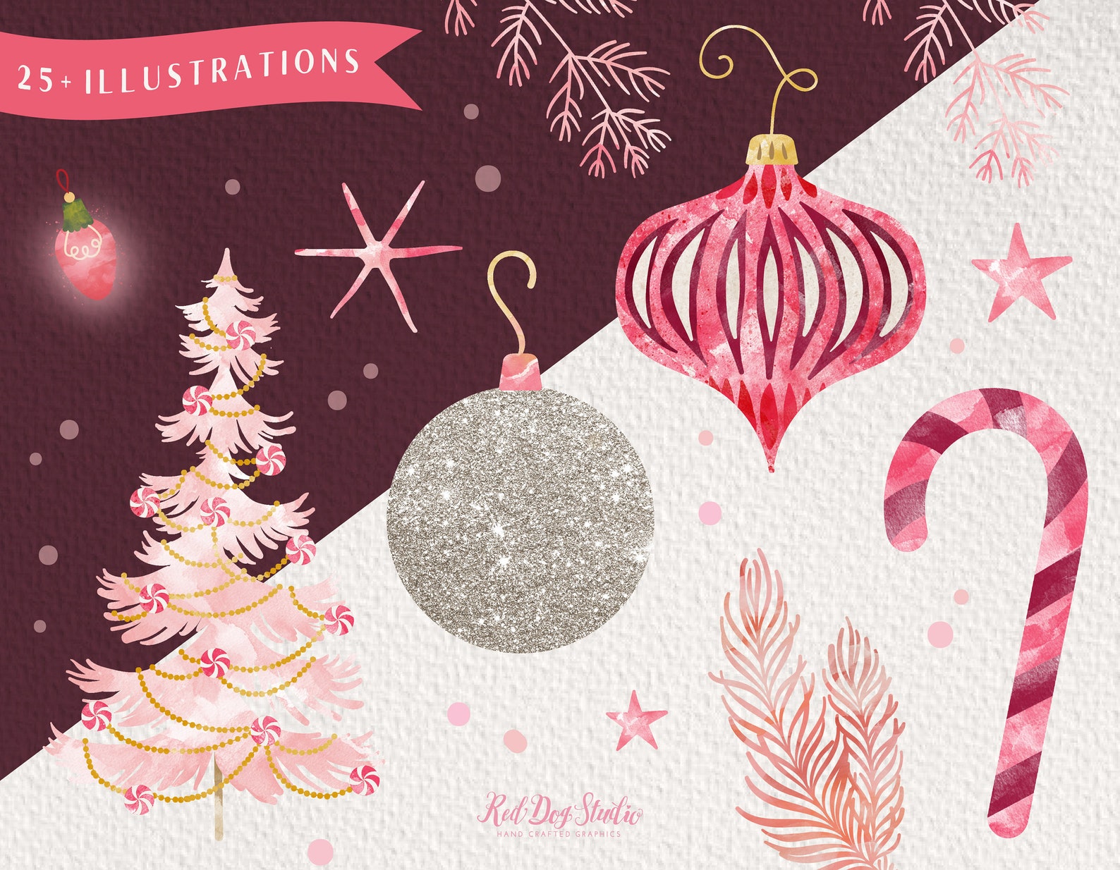 Watercolor Christmas Clipart Pink Christmas Clipart Glitter | Etsy