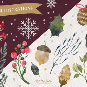 Winter Greenery Clipart, Watercolor Christmas Clipart, Pinecone, Holly ...