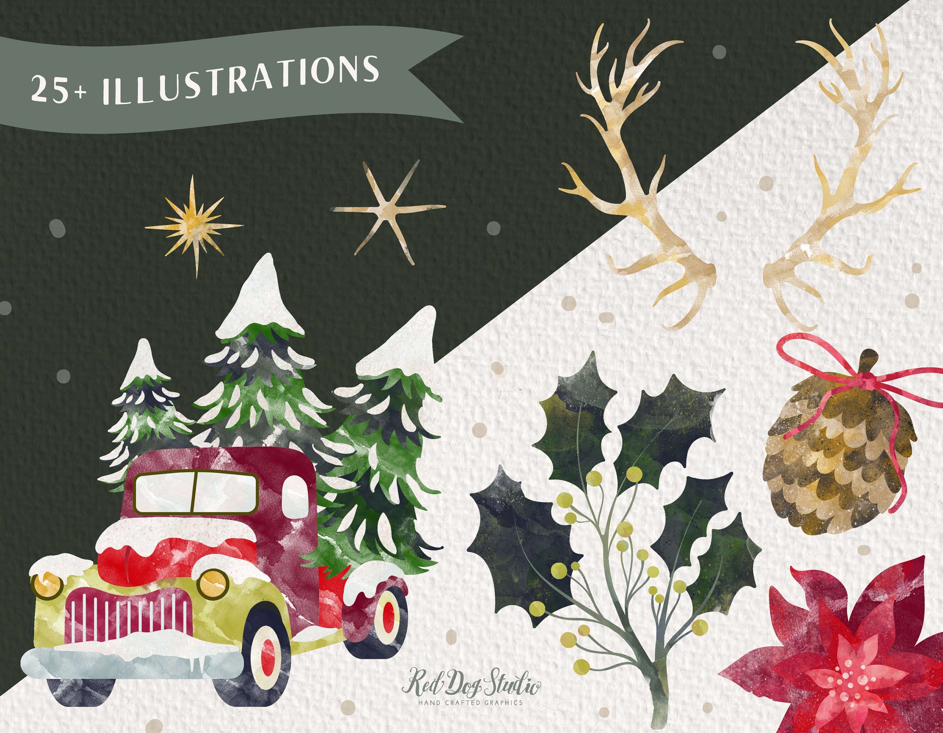 Rustic Christmas Truck Clipart, Watercolor Christmas Clip Art ...