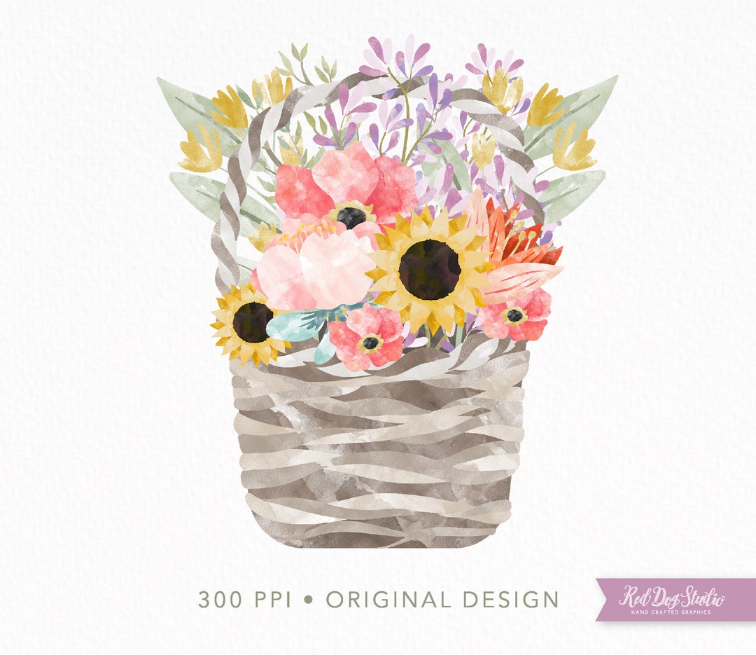Basket of Flowers PNG Clipart Image, Watercolor Floral Image ...