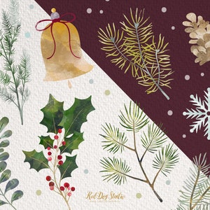 Winter Greenery Clipart, Watercolor Christmas Clipart, Pinecone, Holly ...