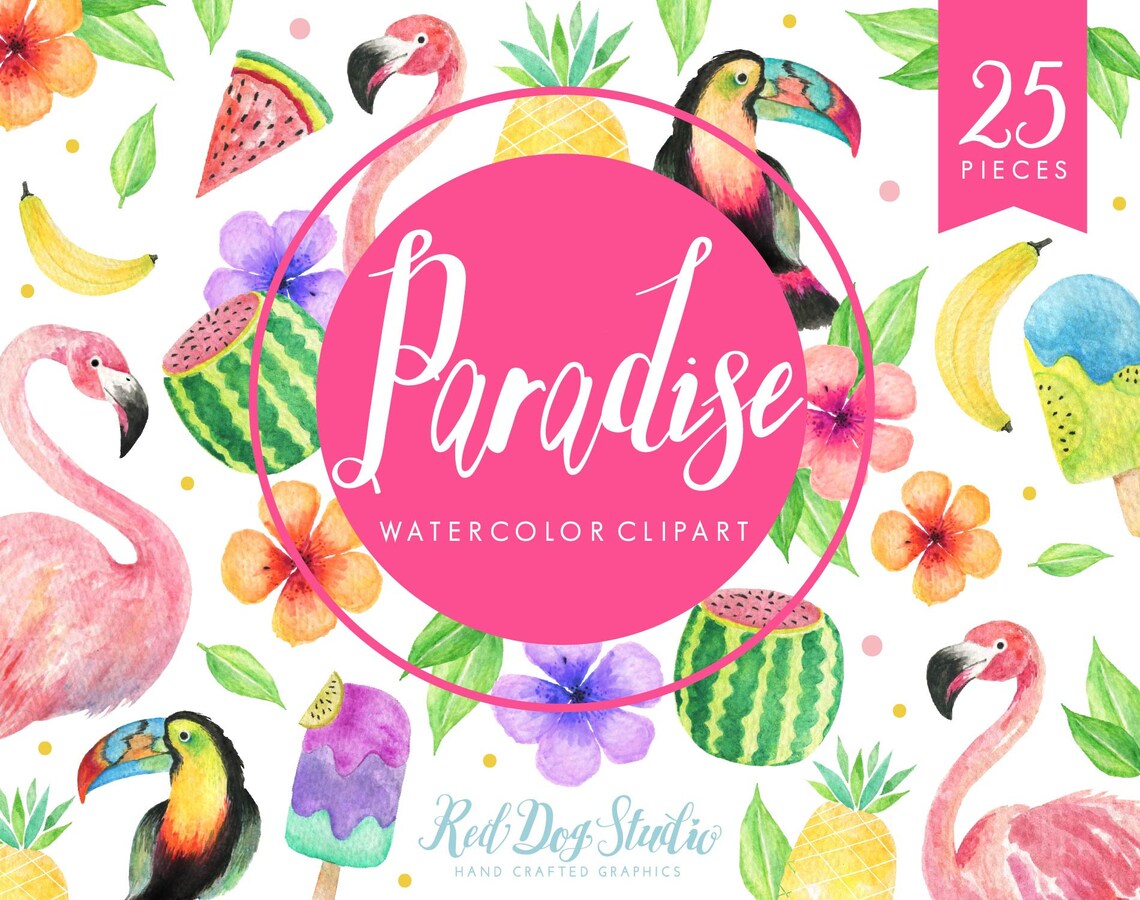 Paradise Watercolor Clipart, Watercolor Tropical Clip Art, Painted ...