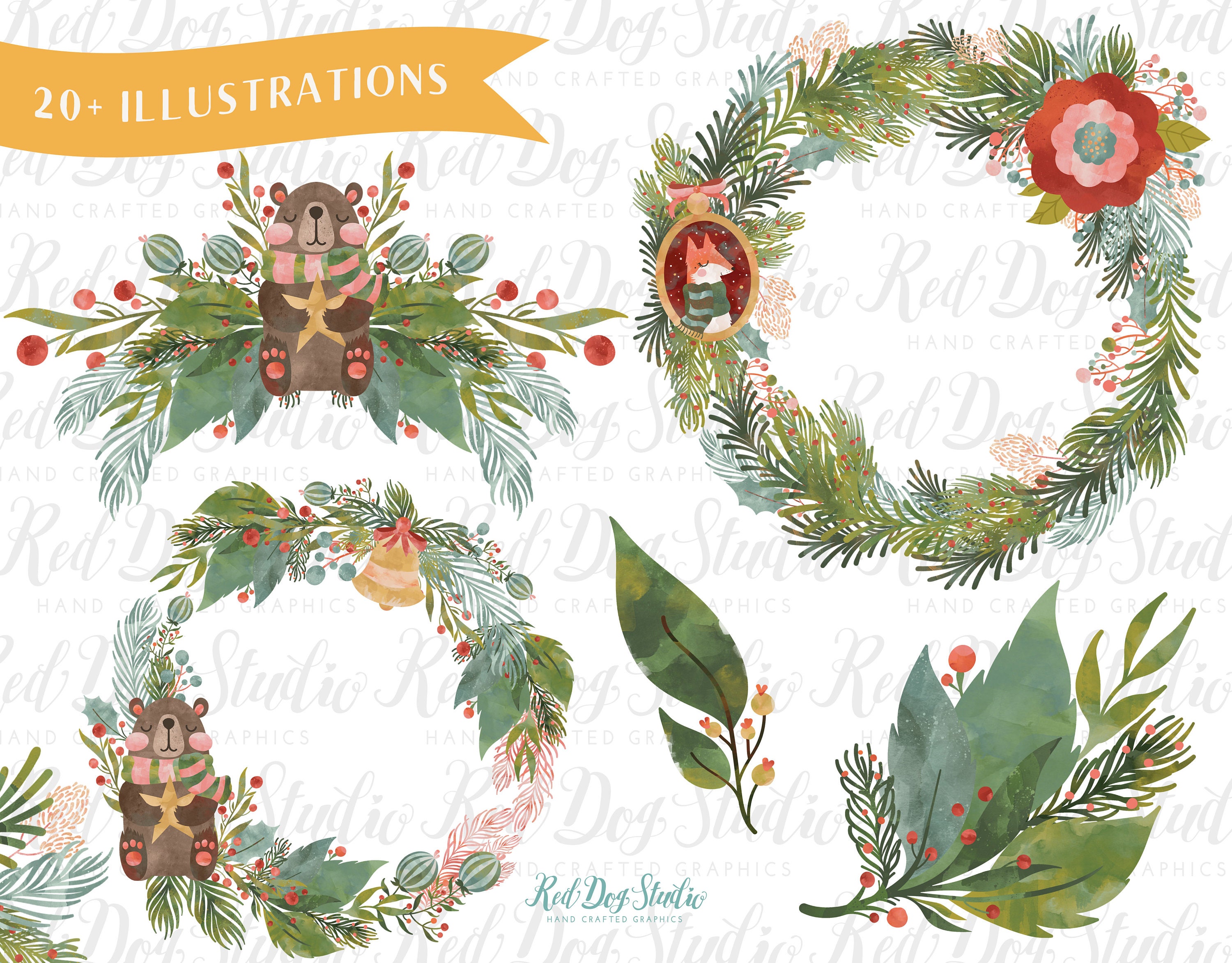 Winter Christmas Watercolor Holiday Greenery Woodland - Etsy