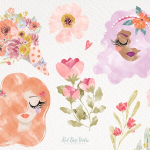 Watercolor Spring Clipart Girls, Pretty Spring Watercolor Flowers, Face ...