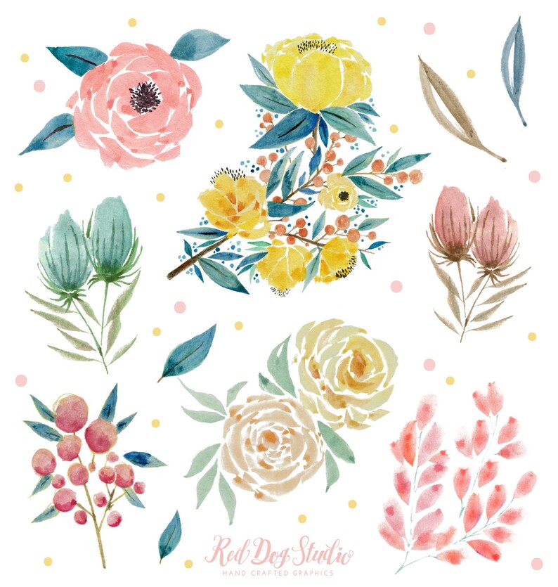 Sunny Watercolor Blooms Clipart Pink and Yellow Floral Clip | Etsy