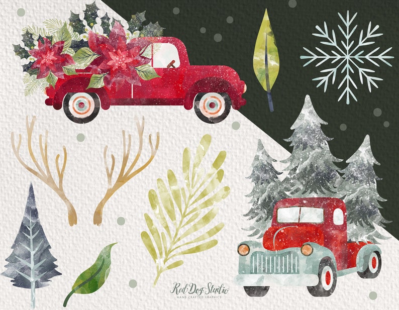 Christmas Truck Clipart Watercolor Red Truck Clip Art - Etsy