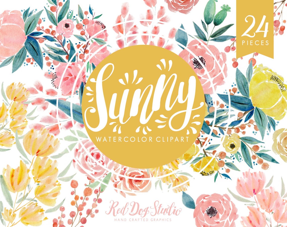Sunny Watercolor Blooms Clipart Pink and Yellow Floral Clip - Etsy