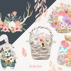 Watercolor Easter Clip Art, Watercolor Flowers Bunny Rabbit Farm Floral ...