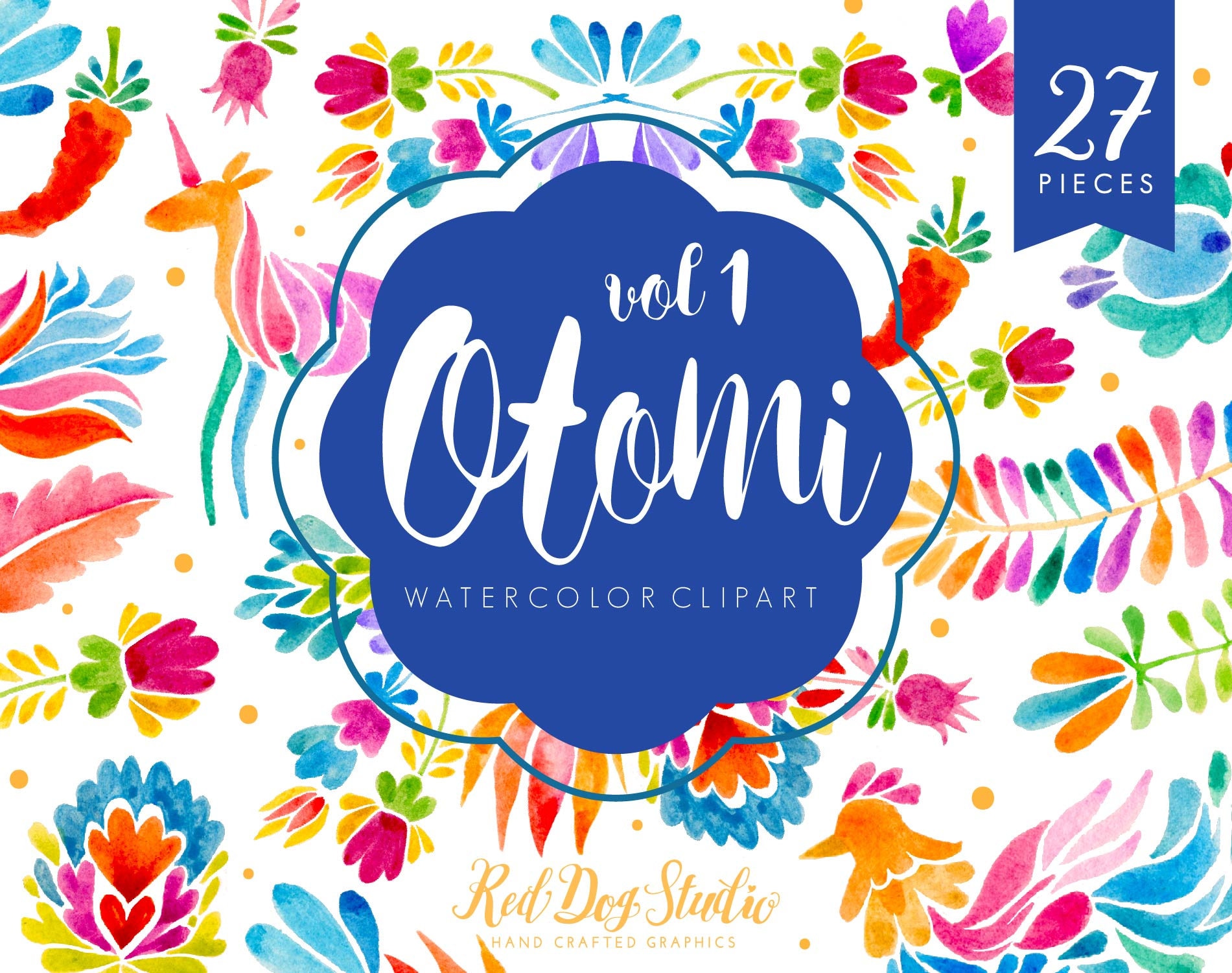 Mexican Otomi Clipart Mexican Watercolor Floral Clip Art | Etsy