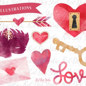Valentine Clip Art, Watercolor Valentines Day Clipart Illustrations ...