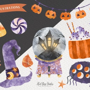 Watercolor Halloween Clipart Illustration Set, Watercolor Pumpkin Clip ...
