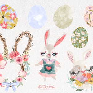 Watercolor Easter Clip Art, Watercolor Flowers Bunny Rabbit Farm Floral ...