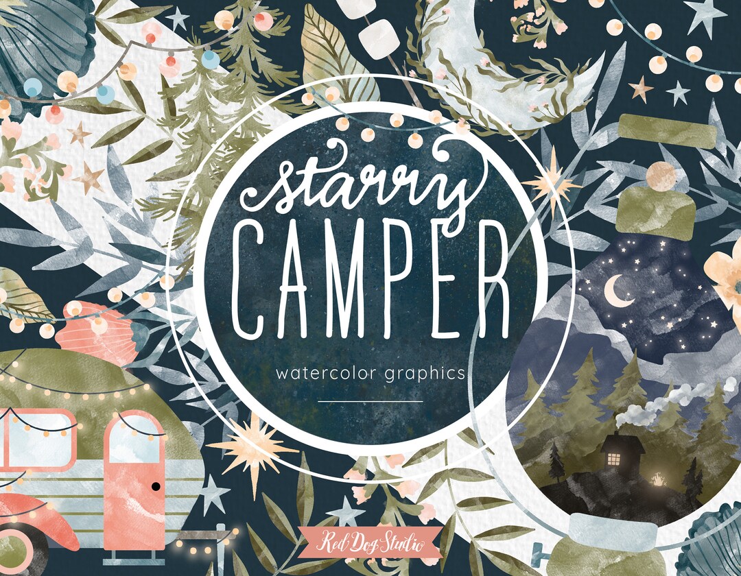 Camper Watercolor Clip Art PNG Camping Summer Clipart String Lights S ...