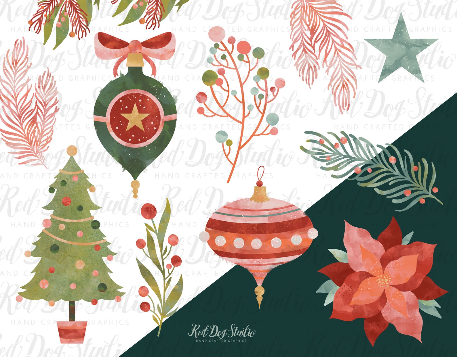 Holiday Watercolor Clipart Set, Christmas Greenery Watercolor Graphics ...