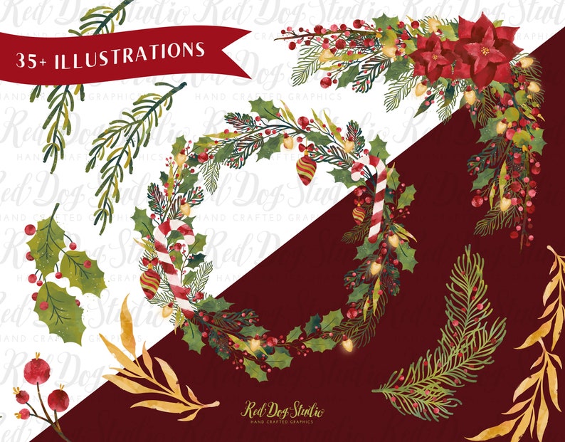Christmas Greenery Watercolor Clipart Christmas Wreath Clip - Etsy
