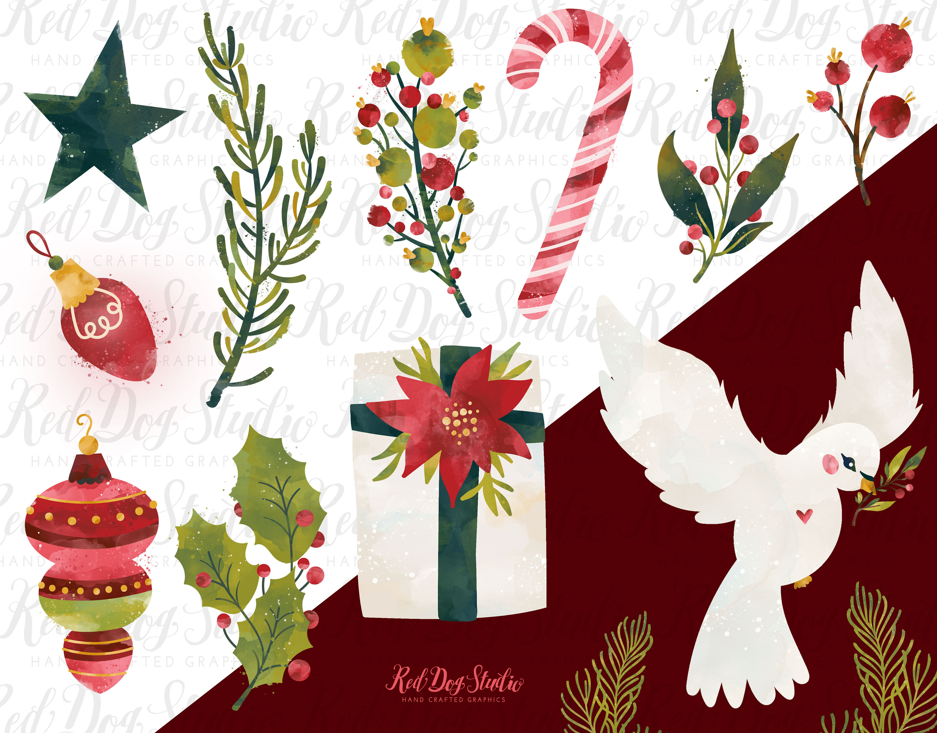 Watercolor Christmas Clip Art Graphics Holiday Greenery - Etsy