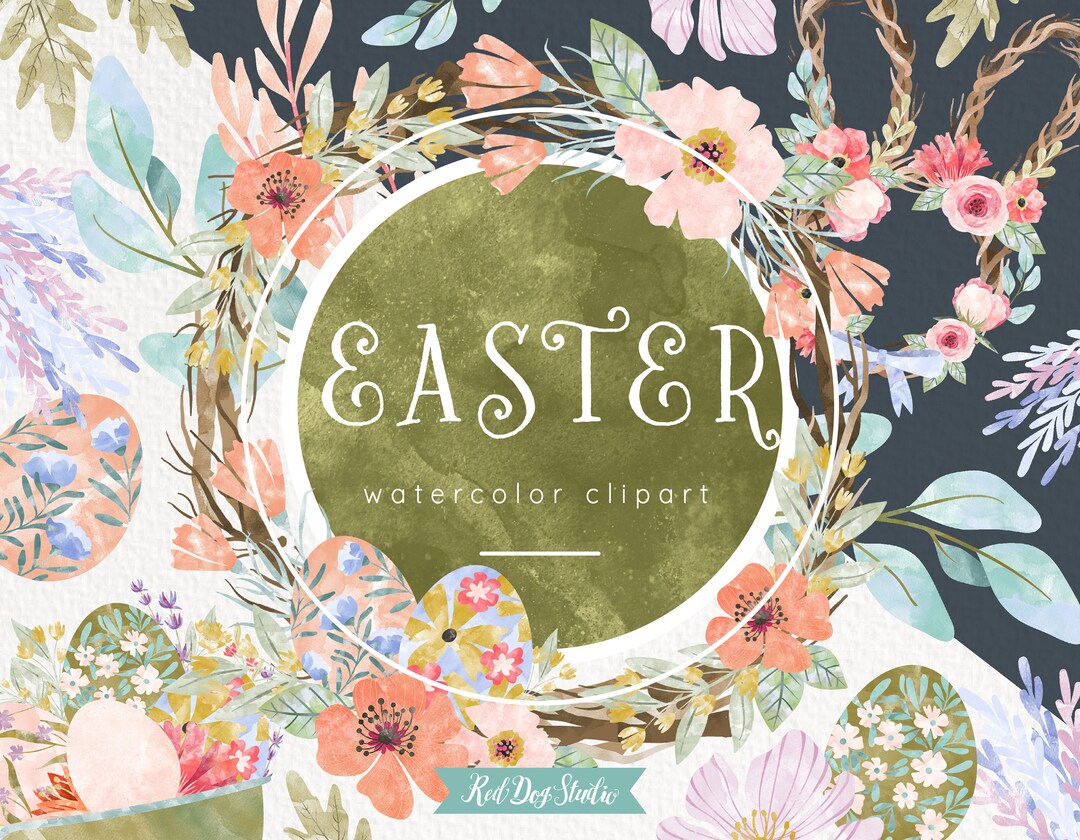 Watercolor Easter Clip Art, Watercolor Flowers Bunny Rabbit Farm Floral ...