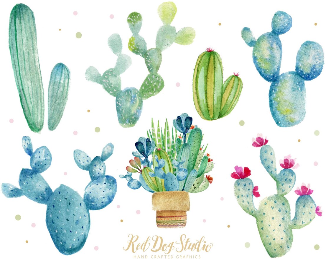 Watercolor Cactus Clipart Set, Hand Painted Cactus Clip Art, Succulent ...