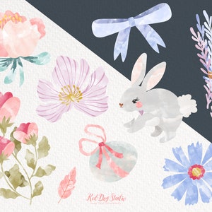 Watercolor Easter Clip Art, Watercolor Flowers Bunny Rabbit Farm Floral ...