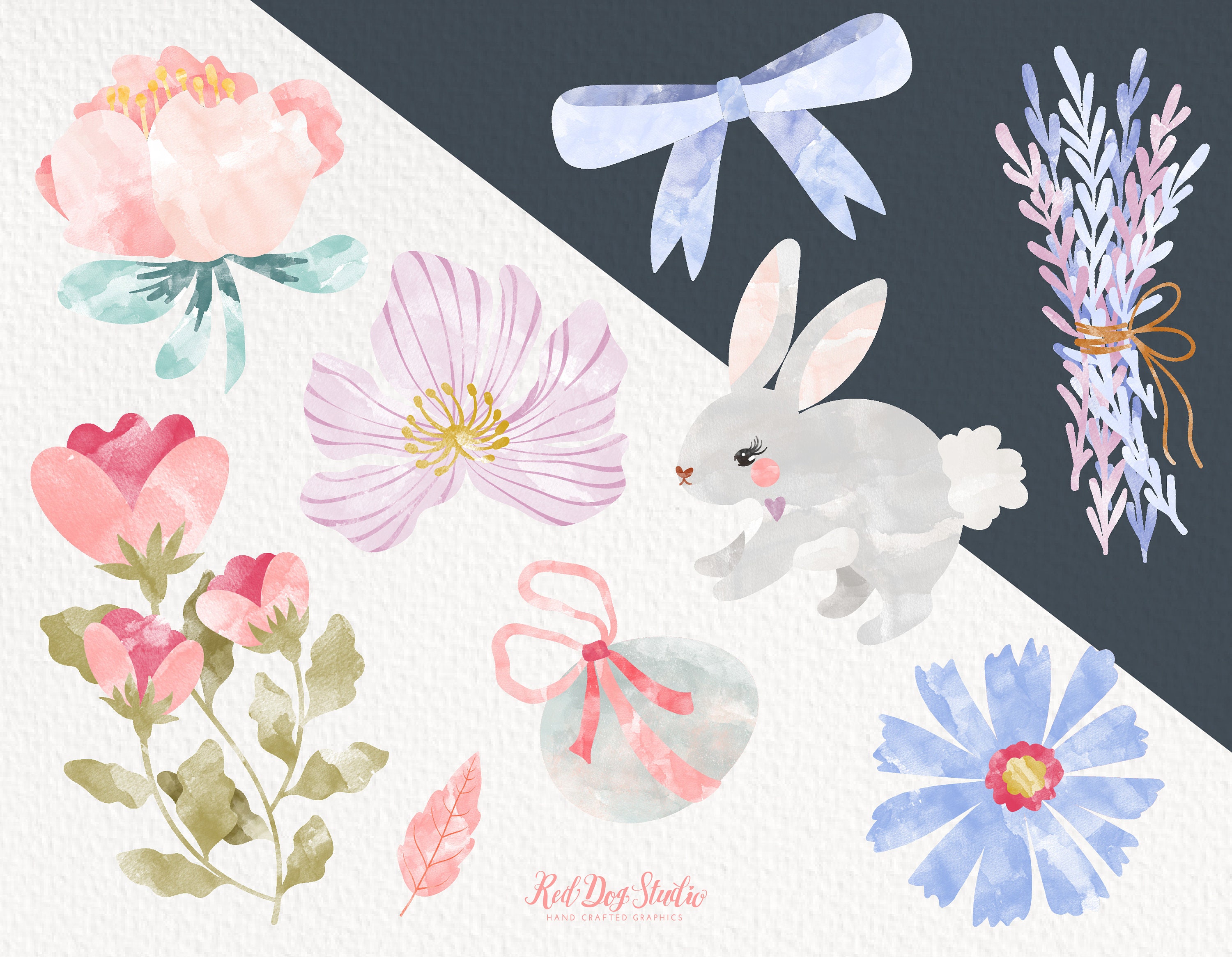 Watercolor Easter Clip Art Watercolor Flowers Bunny Rabbit | Etsy