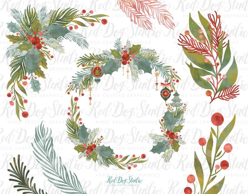 Watercolor Poinsettia Christmas Greenery Clipart Watercolor - Etsy