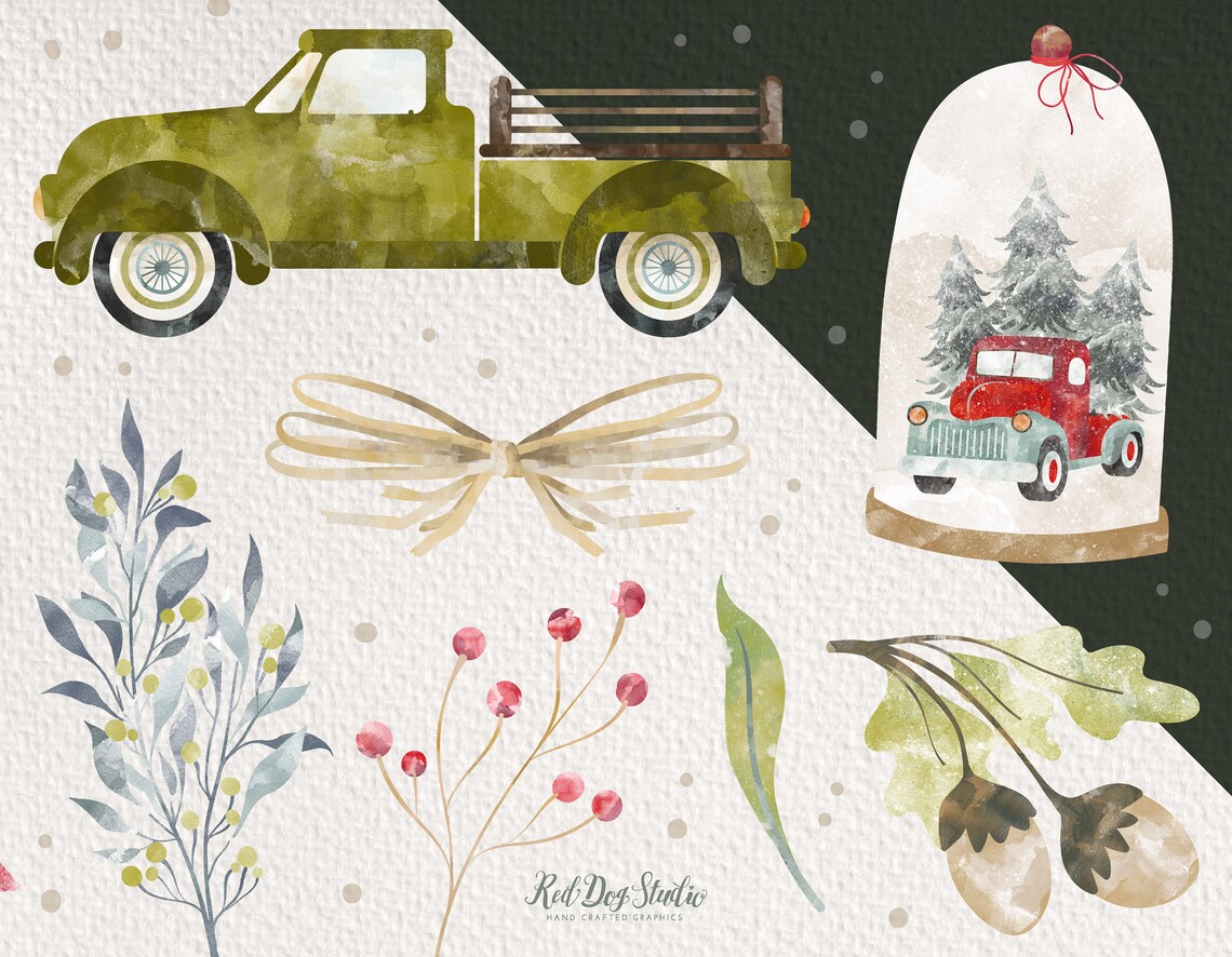 Rustic Christmas Truck Clipart, Watercolor Christmas Clip Art ...