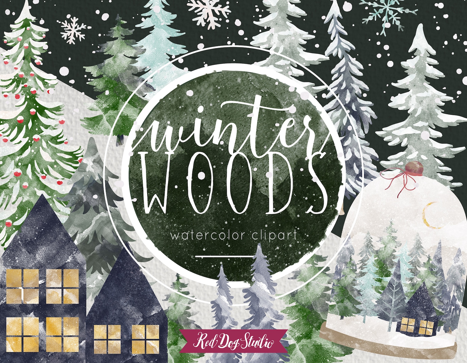 Watercolor Forest Clipart Woodland Winter Download Snowy - Etsy