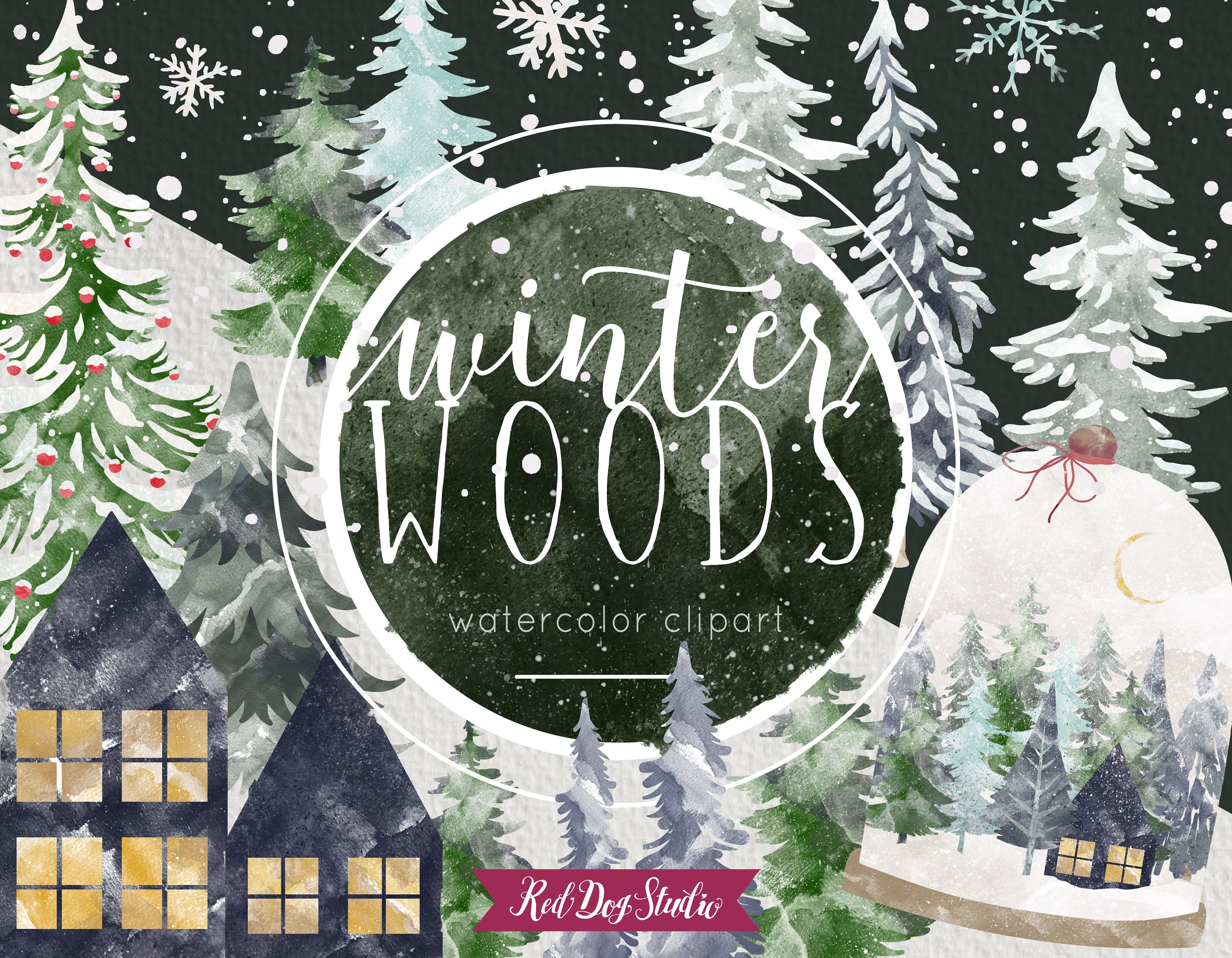Watercolor Forest Clipart Woodland Winter Download Snowy - Etsy