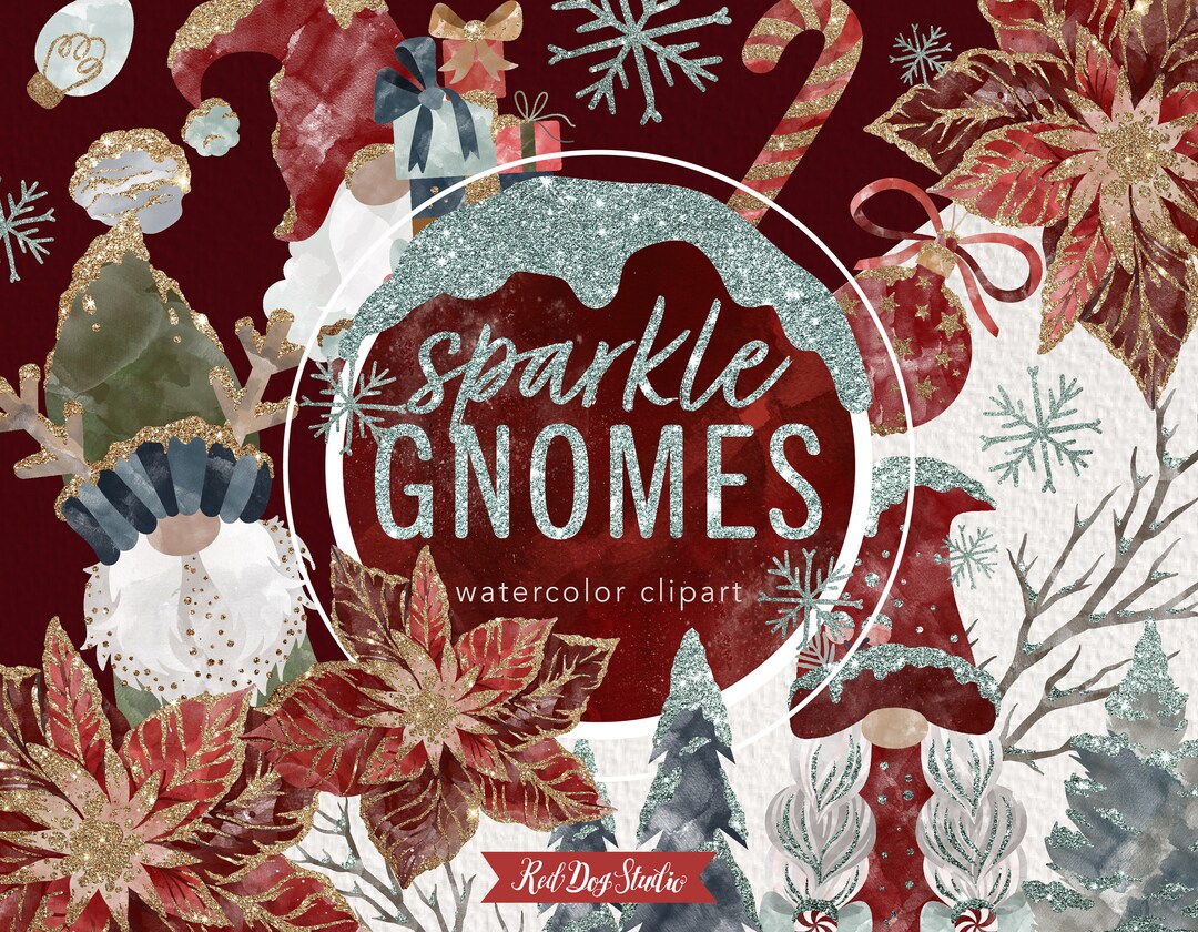 Winter Gnome Clipart, Watercolor Gnome Clip Art, Glitter Christmas ...