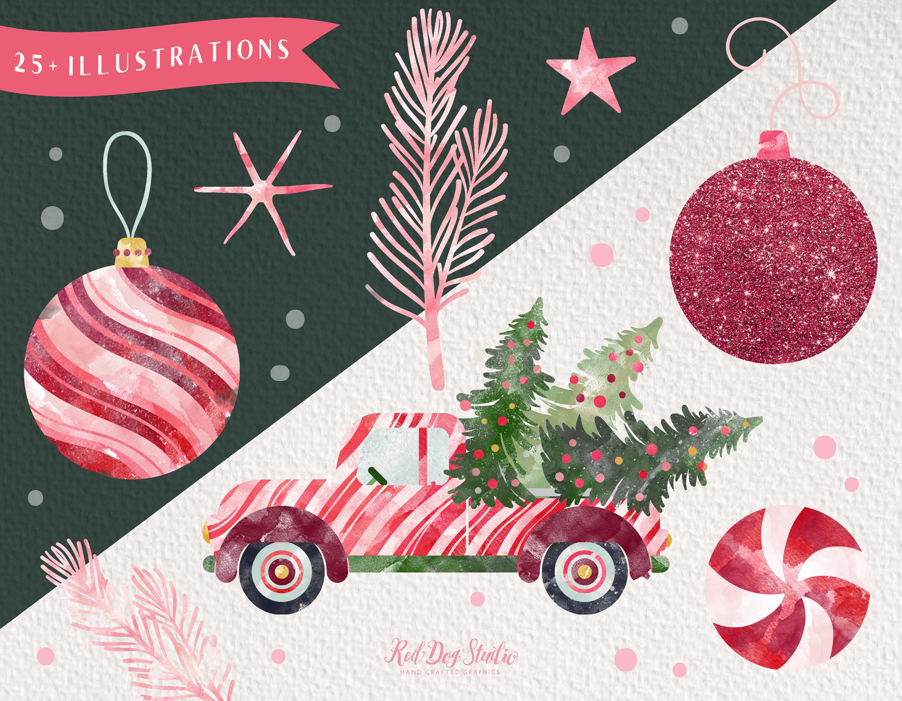 Watercolor Christmas Clipart Pink Christmas Clipart Glitter - Etsy