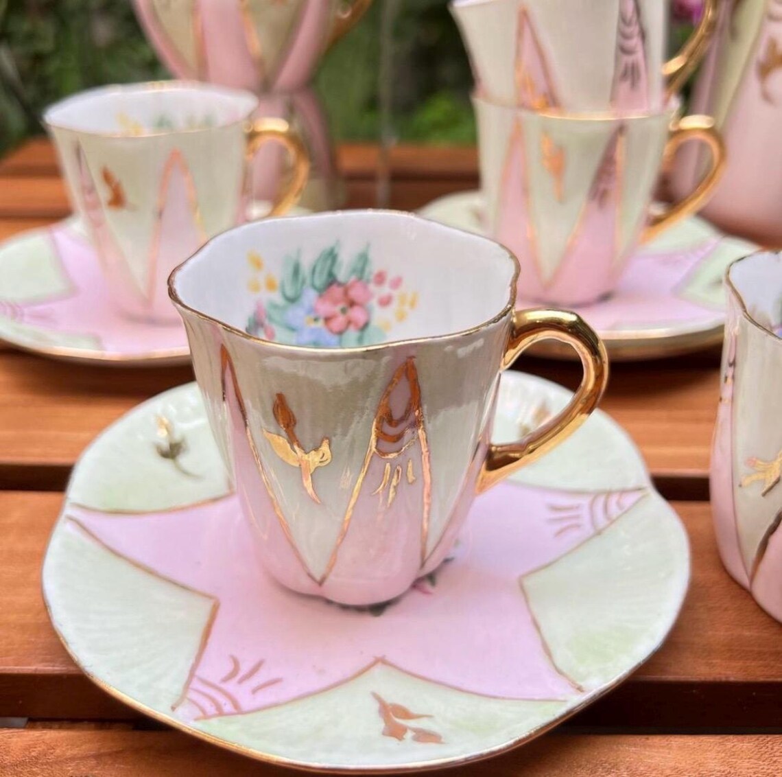 RARE SHELLEY DAINTY Tea and Coffee Set Handpainted Pink & Green - Etsy