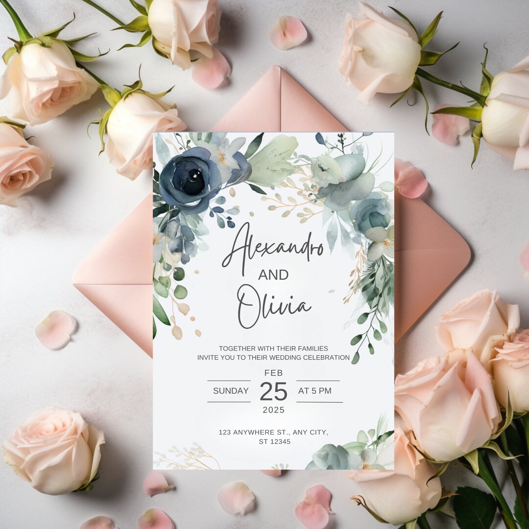 Digital Wedding Invitation Template, Greenery, Watercolor Wedding ...