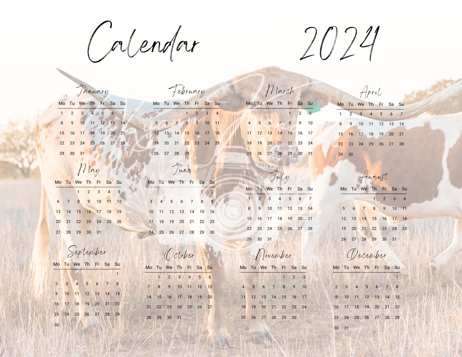 Western Longhorn Calendar Digital Download LANDSCAPE, Organization ...