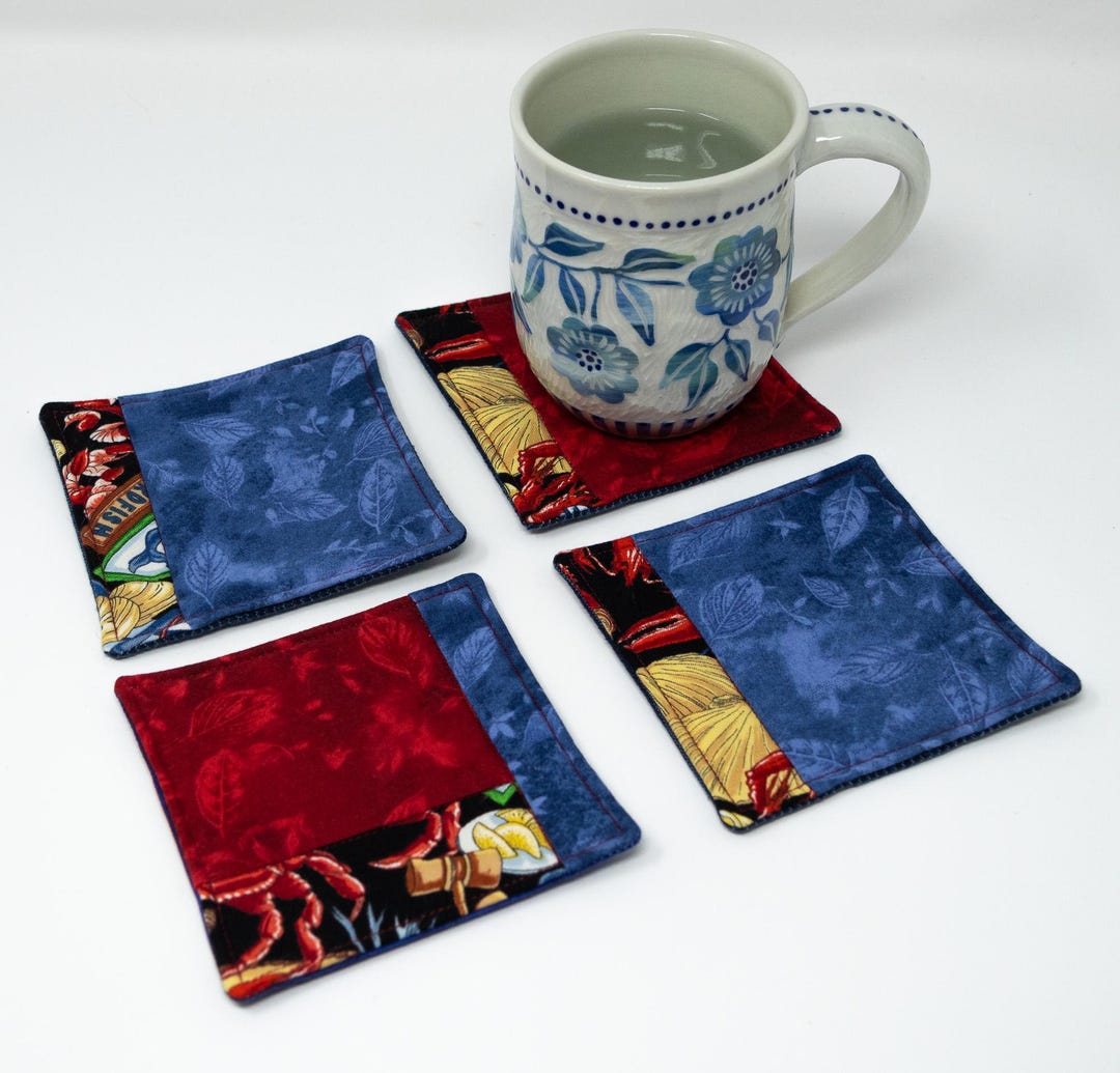 Set of 4 Quilted Fabric Collage Coasters With Red, Blue and Clambake ...