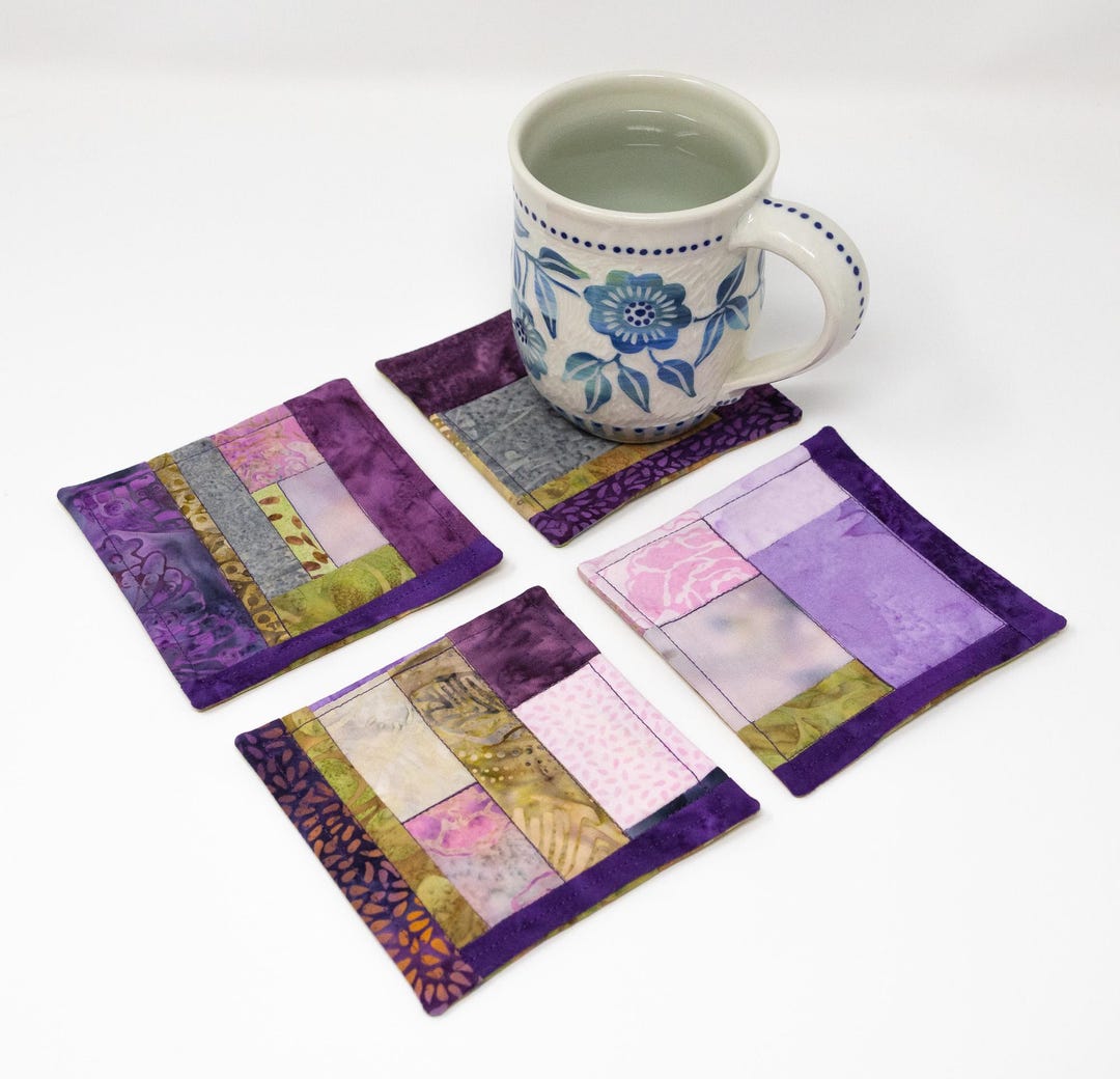 Set of 4 Quilted Fabric Collage Coasters With Muted Purple, Pink and ...