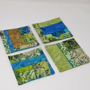 Set of 4 Quilted Fabric Collage Coasters in Green and Bright Blue ...