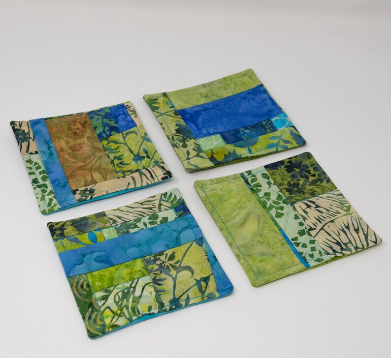 Set of 4 Quilted Fabric Collage Coasters in Green and Bright Blue ...