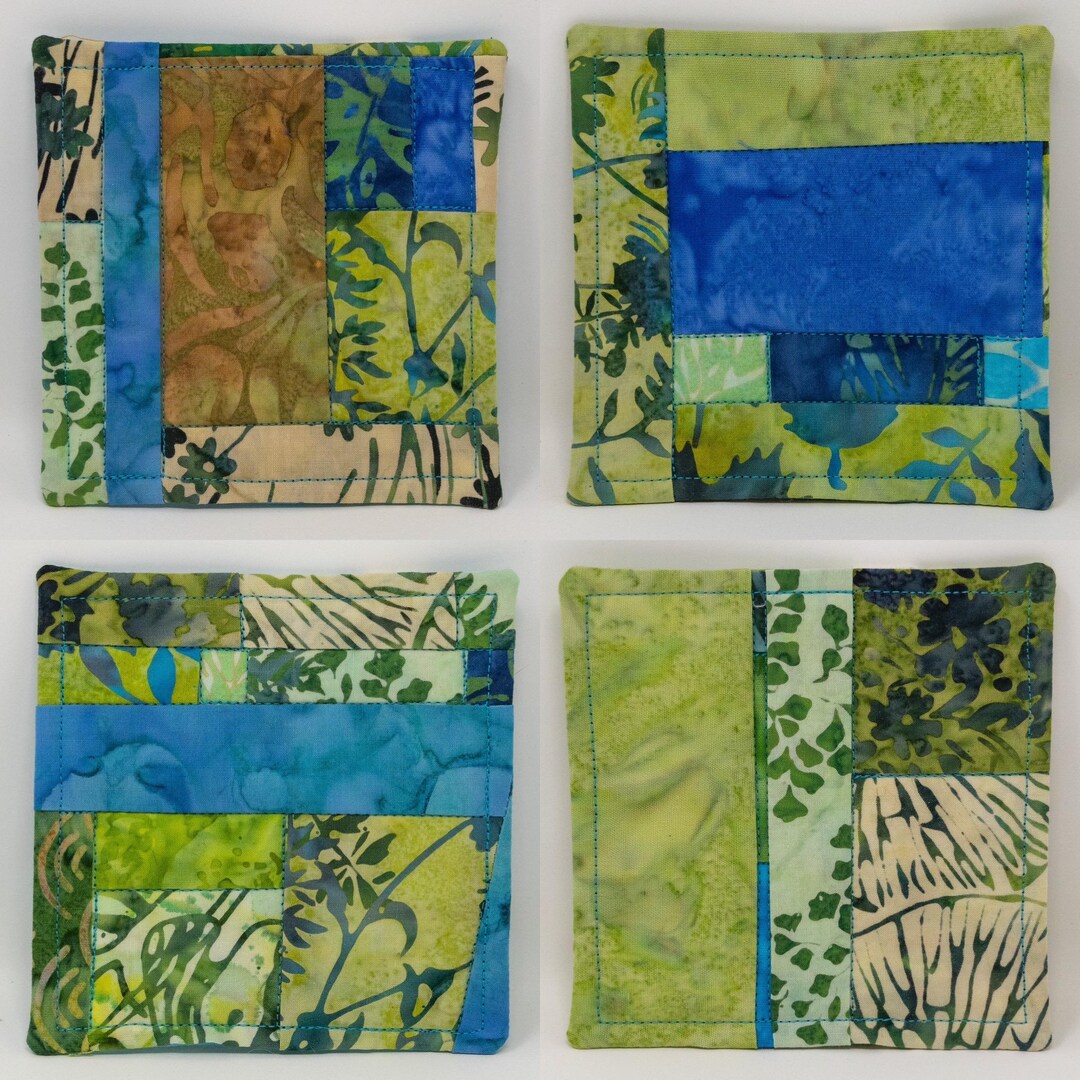 Set of 4 Quilted Fabric Collage Coasters in Green and Bright Blue ...