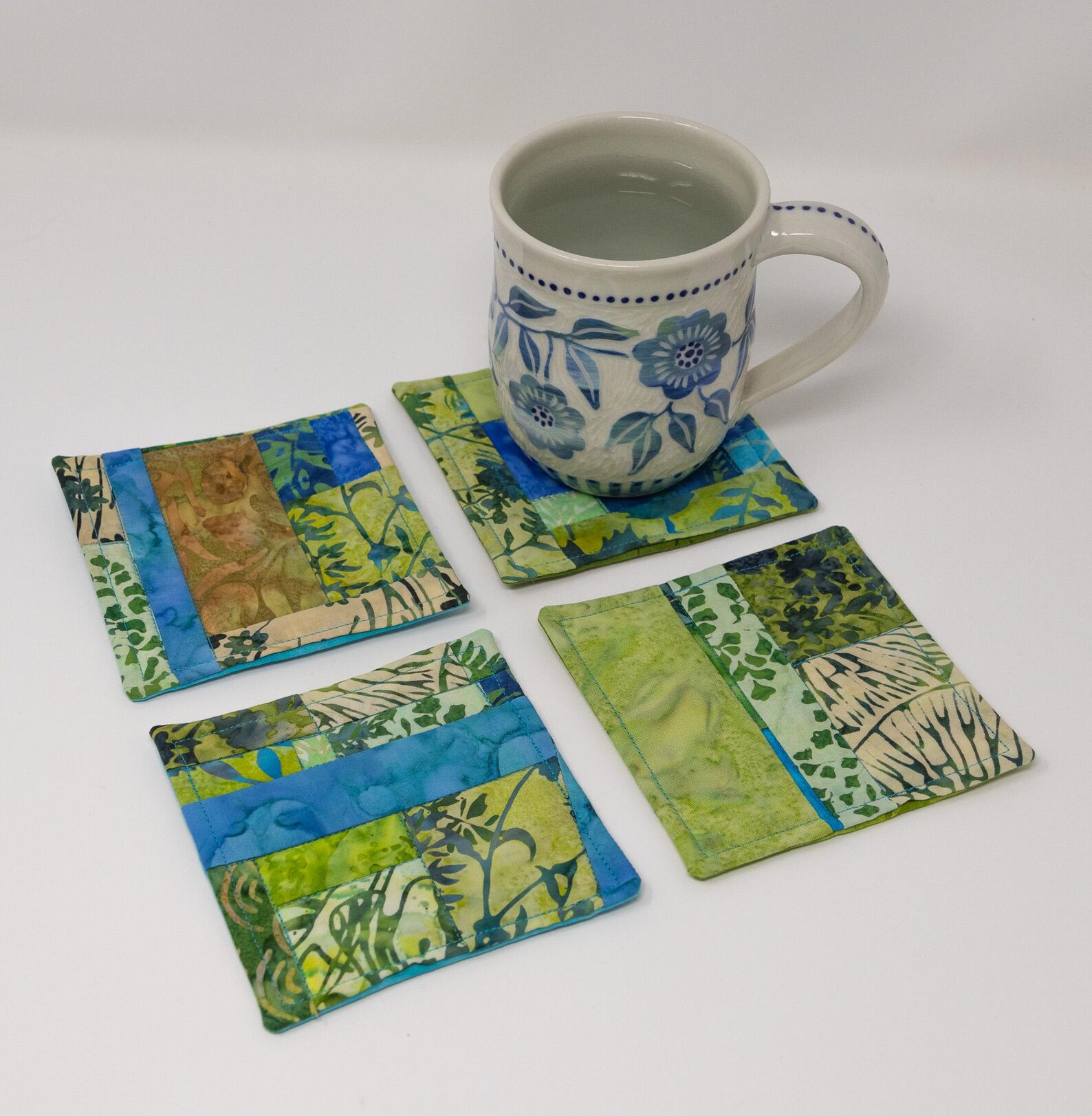 Set of 4 Quilted Fabric Collage Coasters in Green and Bright Blue ...