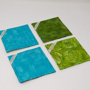 Set of 4 Quilted Fabric Collage Coasters in Green and Bright Blue ...