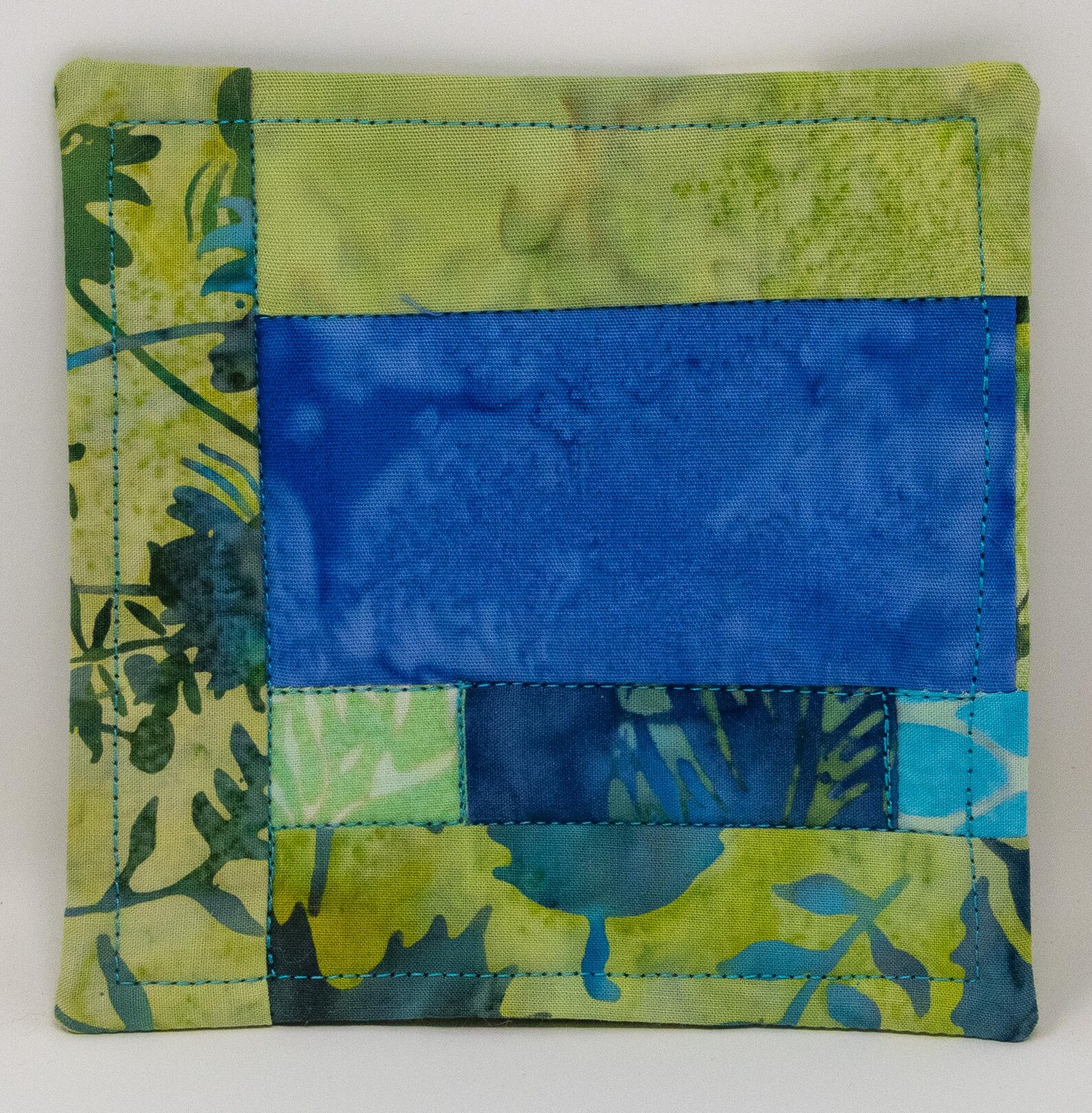 Set of 4 Quilted Fabric Collage Coasters in Green and Bright Blue ...
