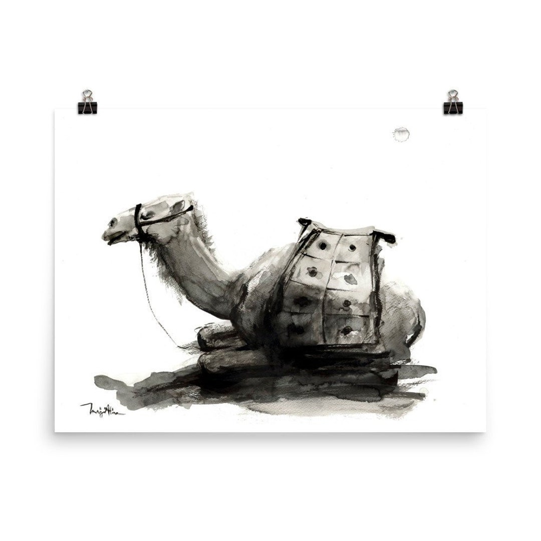 Camel - Monochrome Poster of Ink Painting - Black and White Art Print ...
