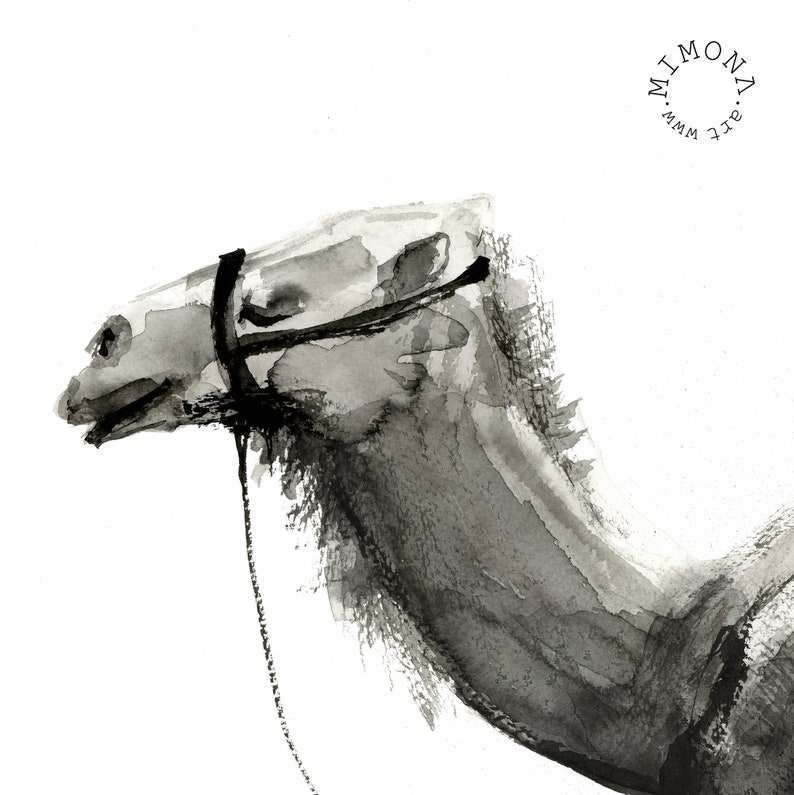 Camel - Monochrome Poster of Ink Painting - Black and White Art Print ...