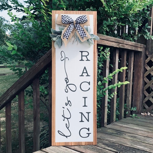 Lets Go Racing Sign With Checkered Flag Bow Racing Decor - Etsy